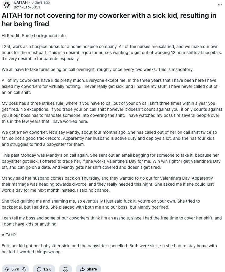 'AITAH for not covering for my coworker with a sick kid?"- GenZ Nurse's ...